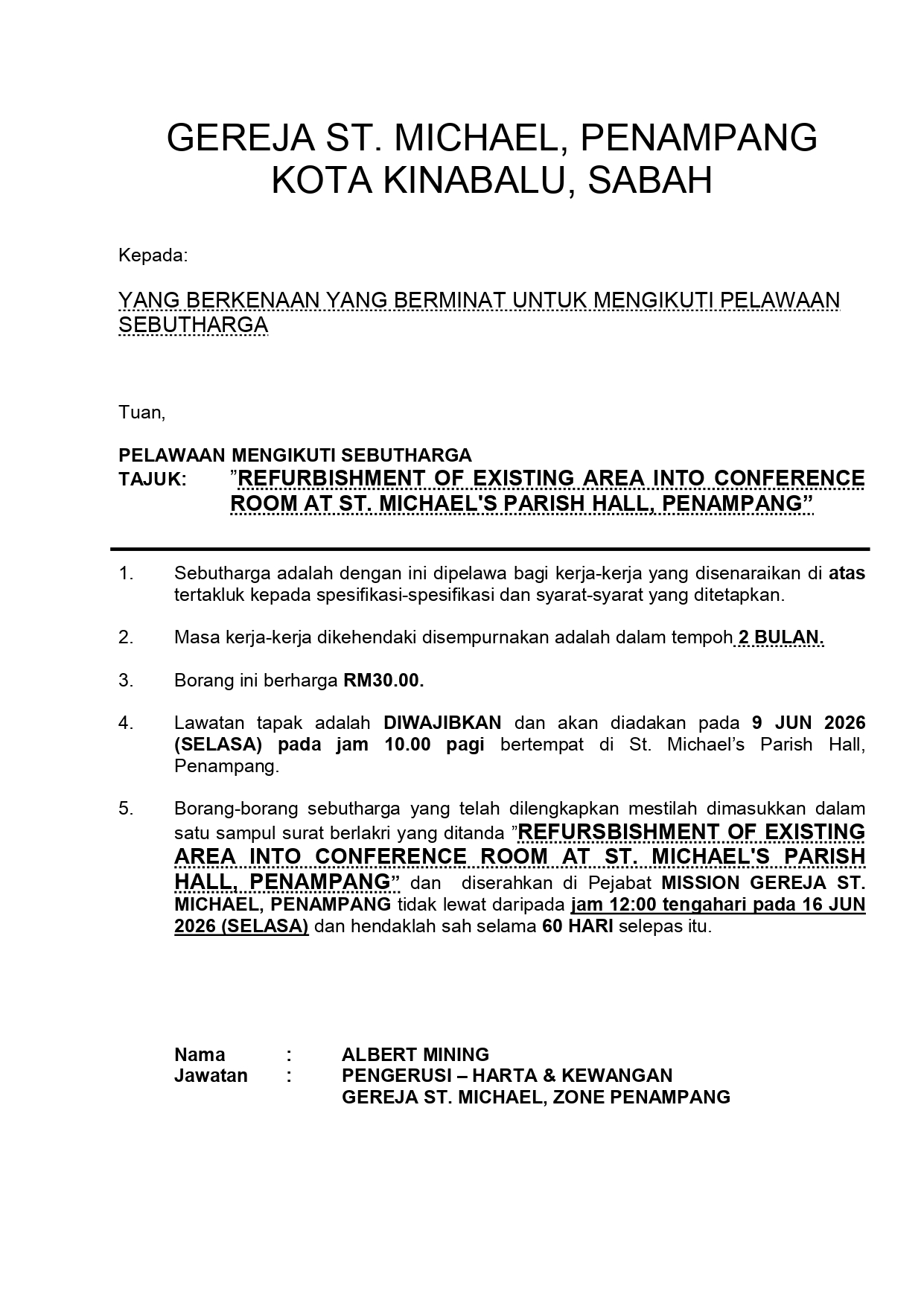 PELAWAAN SEBUT HARGA: REFURBISHMENT OF EXISTING AREA INTO CONFERENCE ...